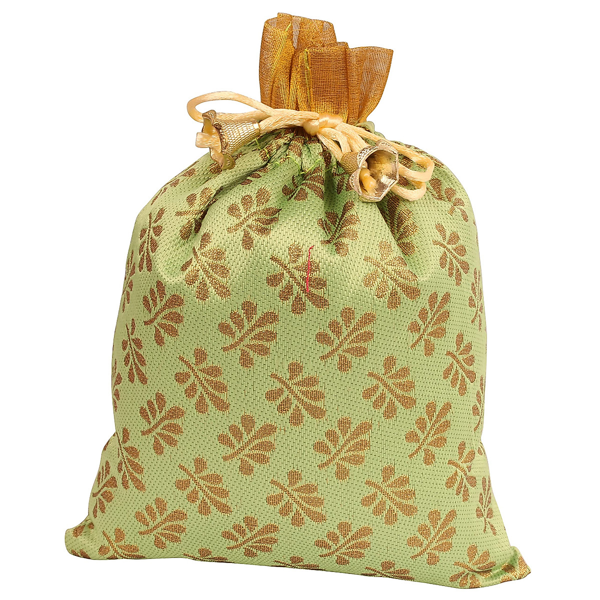 Touchstone Gorgeous Gift Wrapping bags reusable environment friendly Large Drawstring Mimosa Leaf Pattern Brocade for birthdays, wedding, return present packing set. pack of 9. 9x7 inches