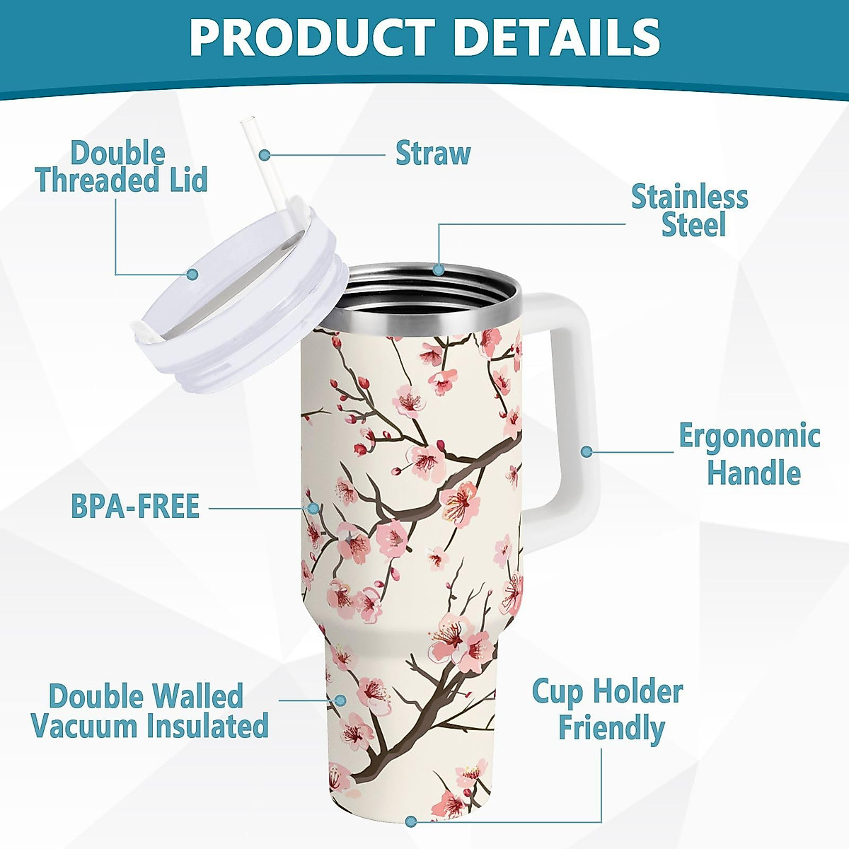 ALAZA Cherry Blossom Sakura Flower Floral 40 oz Tumbler Stainless Steel Water Bottle Vacuum Insulated Cup with Straw Lid & Handle For Travel Car Cup Holder