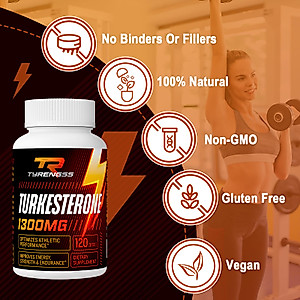 Testosterone Booster, Turkesterone Supplement 1300mg Ultra High Strength (Ajuga Turkestanica Extract Std. to 20% Testosterone), for Athletic Performance & Muscle Mass,120 Capsules