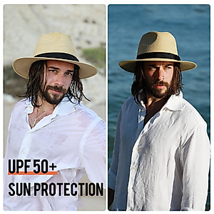 Comhats Men Sun Straw Fedora Hat for Women,Packable Beach Hat Wide Brim Panama Hat UV UPF 50+ Summer Hat Unisex Beige Large XXL