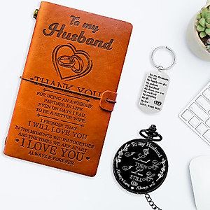 BoomBoomGifts Gifts to Husband from Wife,To My Husband Journal from Wife,Leather Journal Gifts to Husband from Wife,Pocket Watch to Husband,Husband Keychain from Wife,Wife to Husband Gift