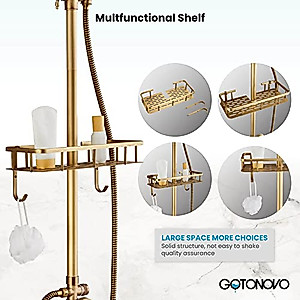 gotonovo Antique Brass Exposed Bathroom Shower Faucet 8 inch Rainfall Shower Head Wall Mounted with Shower Shelf Double Cross Handles Adjustable Handheld Sprayer Shower Shower System Dual Functions