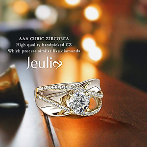 Jeulia Engagement Rings for Women Sterling Silver Two Tone Gold Bridal Sets Crossover Round Engagement Ring Sets Cubic Zirconia Anniverdary Promise with Jewelry Gift Box (7)