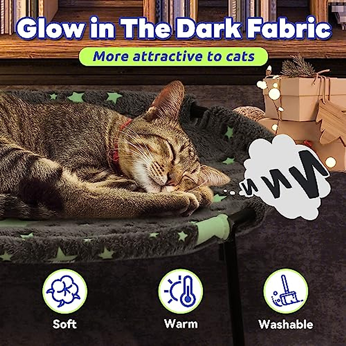 POMESEA Cat Hammock Bed, Glow in The Dark Pet Elevated Bed for Indoor Cats and Small Dogs, Easy to Assemble Cat Sleeping Bed, Free-Standing Washable Pet Beds Supplies (Black)