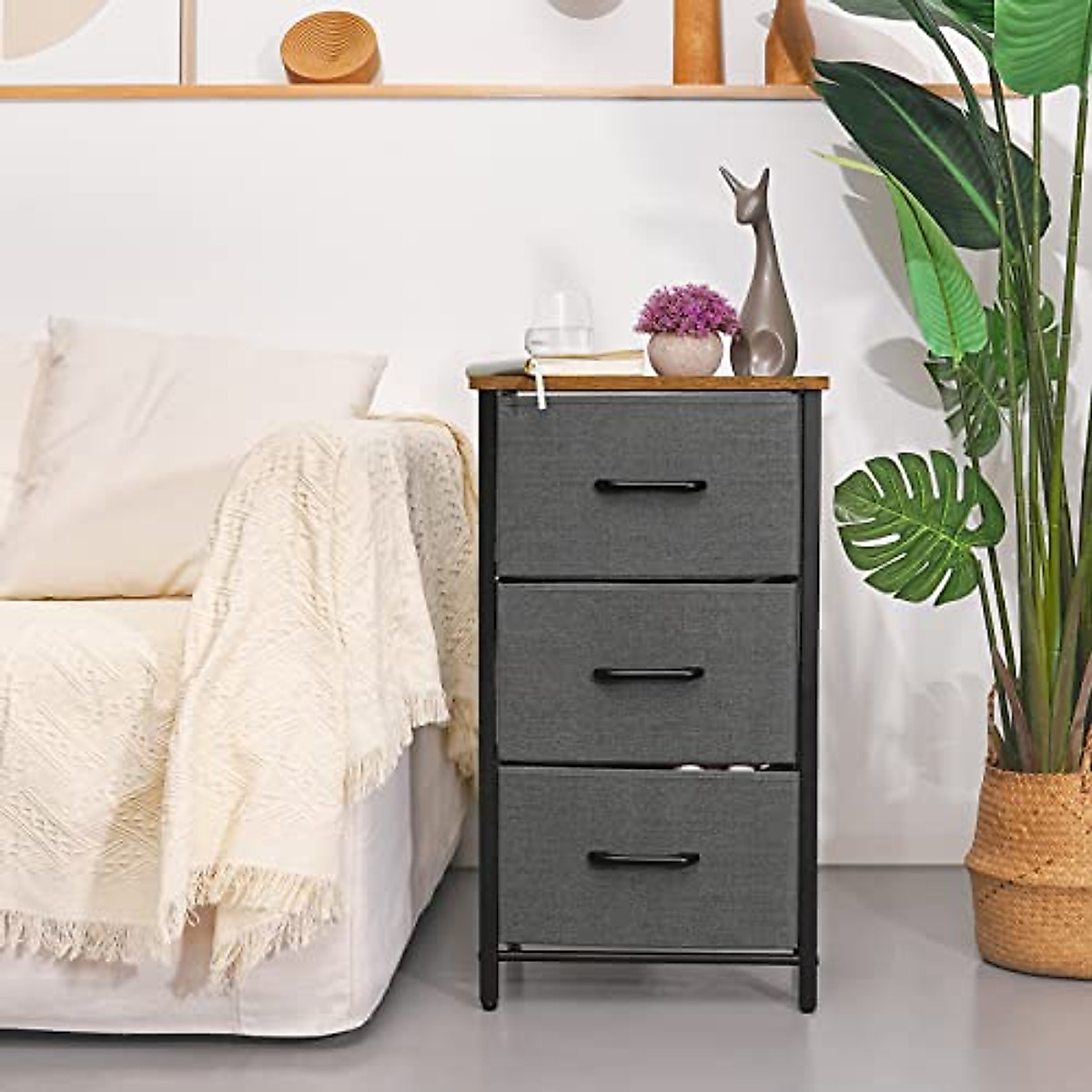 Yoobure Nightstand with 3 Fabric Drawers, Dresser for Bedroom Storage Drawer Tower, Small End Table Bedside Furniture Dressers & Chests Organizer Unit for Closet Hallway Entryway Office College Dorm