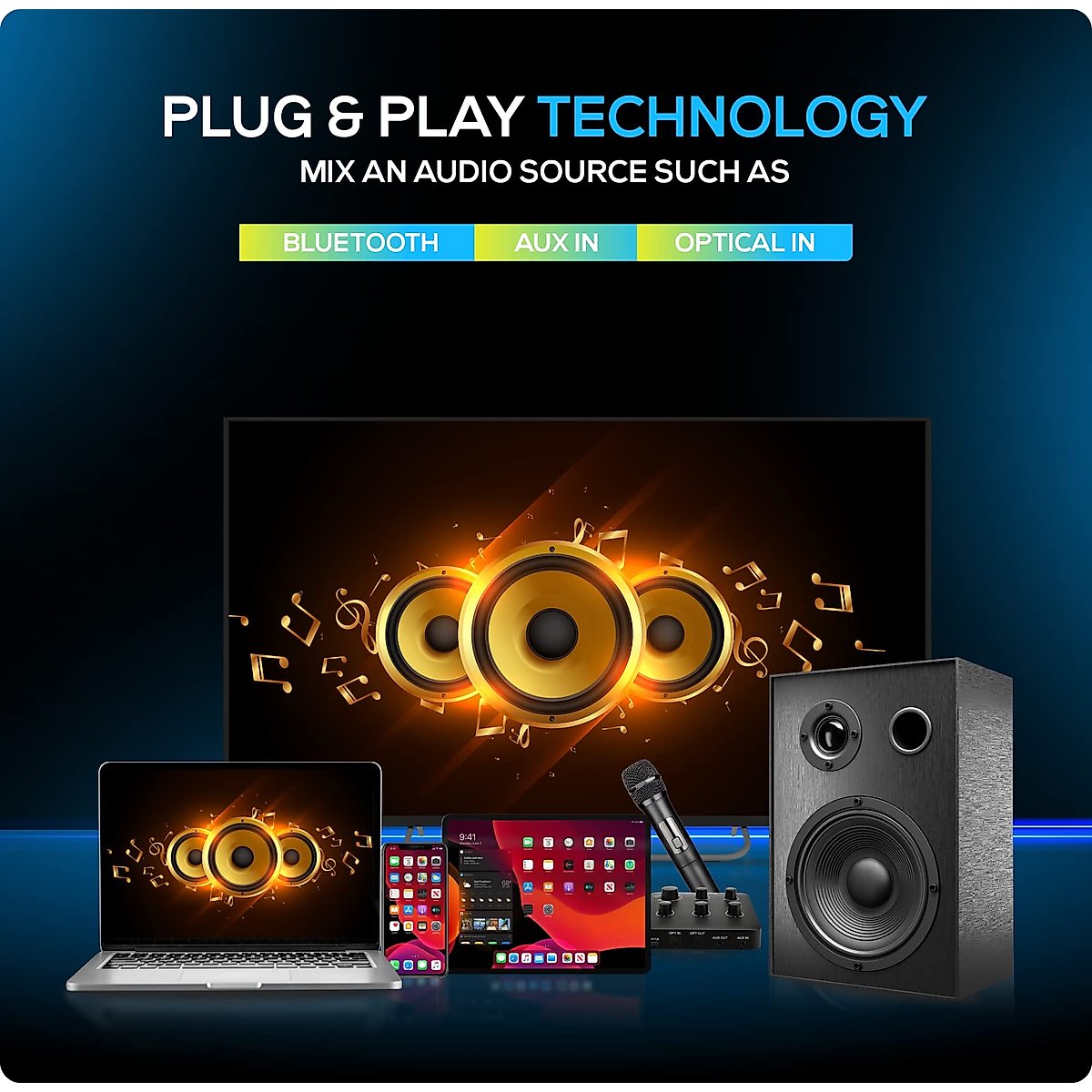 SoundBeast Wireless Karaoke & PA Mixer System - Includes 2 Wireless Microphones & 1 Mini Mixer - Bluetooth, Aux, Optical Input - Optical & Aux Output
