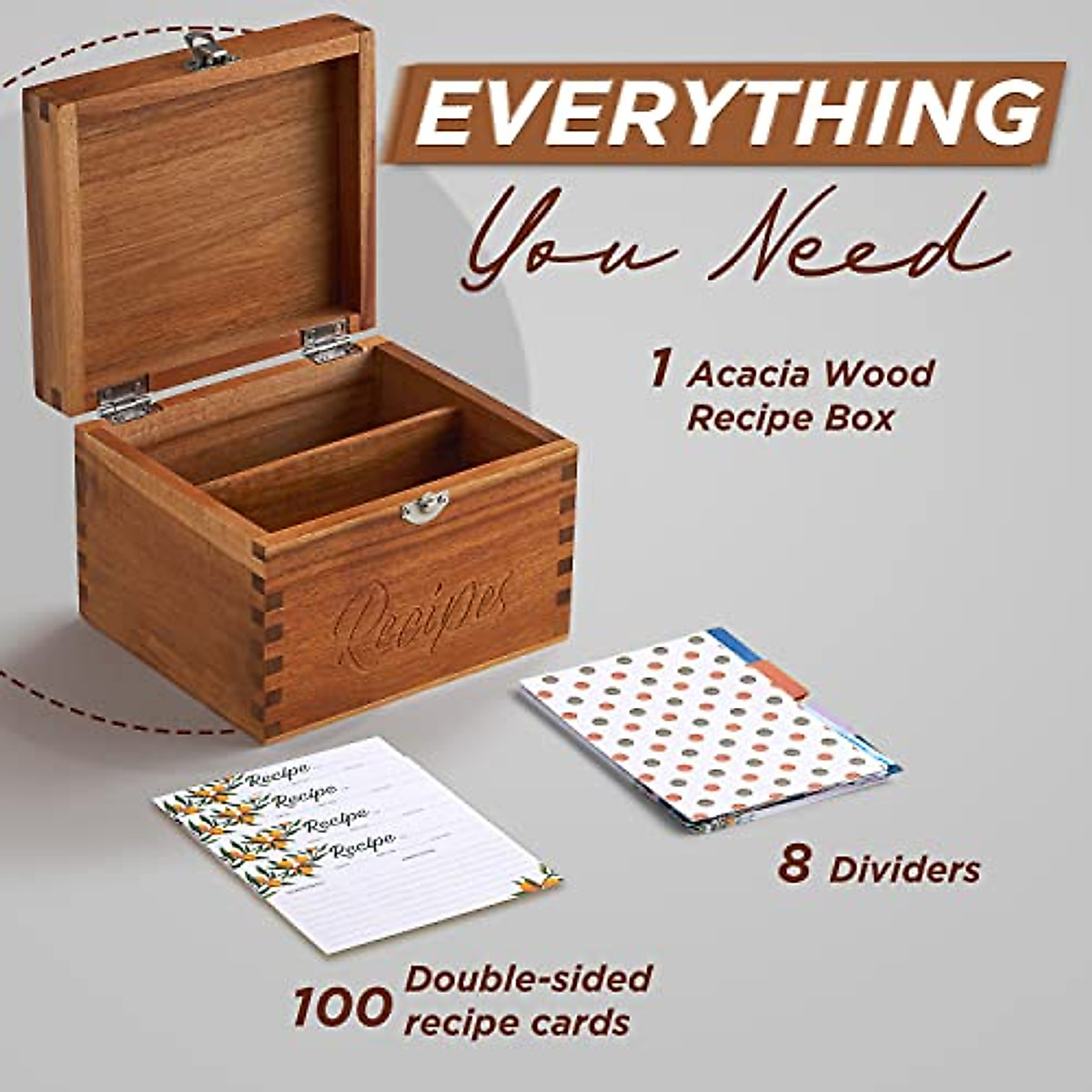 Tidita Acacia Wood Recipe Box with Cards - Blank Recipe Box Wooden Set Come with 100 4x6 Recipe Cards, 8 Dividers. Perfect Recipe Organizer (Acacia Wood)