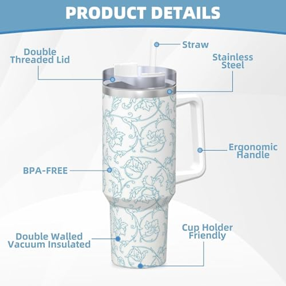 UIANG Blue Mandala Stainless Steel Triple Layer Insulated Travel Tumbler with Spill Resistant Lid, Straw, and Carry Handle, BPA Free, 40 oz,Hippie Bohemian Flowers,Blue Blue