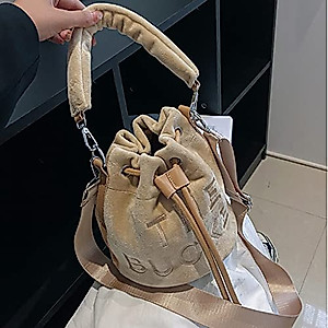 FjcCfrFw Bucket Bags for Women,Mini Bucket Purses,Hobo Bag,Drawstring Crossbody bags,Soft Plush Shoulder Handbags(Khaki)