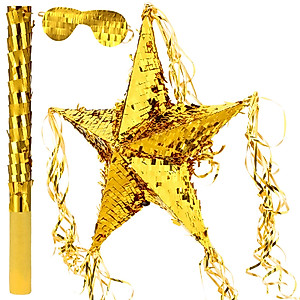 Foil Star Piñata with Blindfold and Bat for Kids Birthday Foldable Star Shape Piñata with Piñata Stick Gold Festive Star Piñata Foil Star Fiesta Party Supplies Favors for Mexican Baby Shower Party