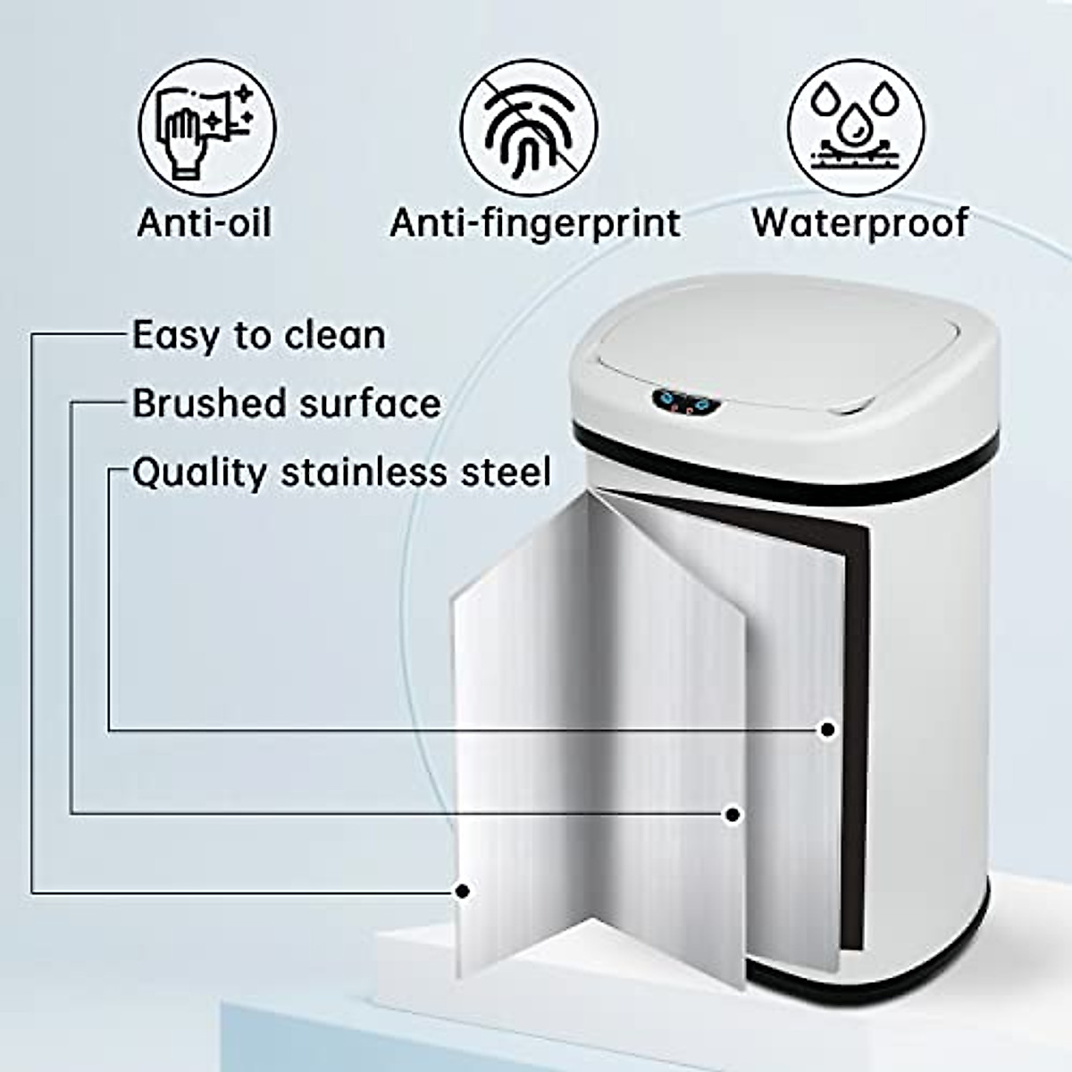 GINMAON Trash Can 13 Gallon Stainless Steel Kitchen Garbage Can with Lid Waterproof Touch Free Large Capacity Rubbish Can for Home Kitchen Office, White