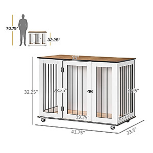 PawHut Large Dog Crate Furniture on Wheels, Dog Crate End Table Indoor with Lockable Door for Large Dogs, 42" W x 23.5" D x 32" H, White