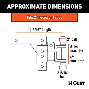 CURT 45049 Adjustable Trailer Hitch Ball Mount, Fits 2-Inch Receiver, 6-1/2-Inch Drop, 2 and 2-5/16-Inch Balls, 10,000 lbs , Black