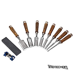 IMOTECHOM 10-Pieces Woodworking Wood Chisel Set with Wooden Box, Honing Guide, Sharpening Stone, Razor Sharp CR-V 60 Steel Blades