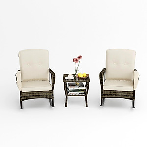 BALDPER 3 Pieces Patio Conversation Set, Outdoor Rocking Chairs with Armrest Side Pocket, Outdoor Furniture Set with Porch Chairs and Coffee Table for Deck Garden Poolside, Beige