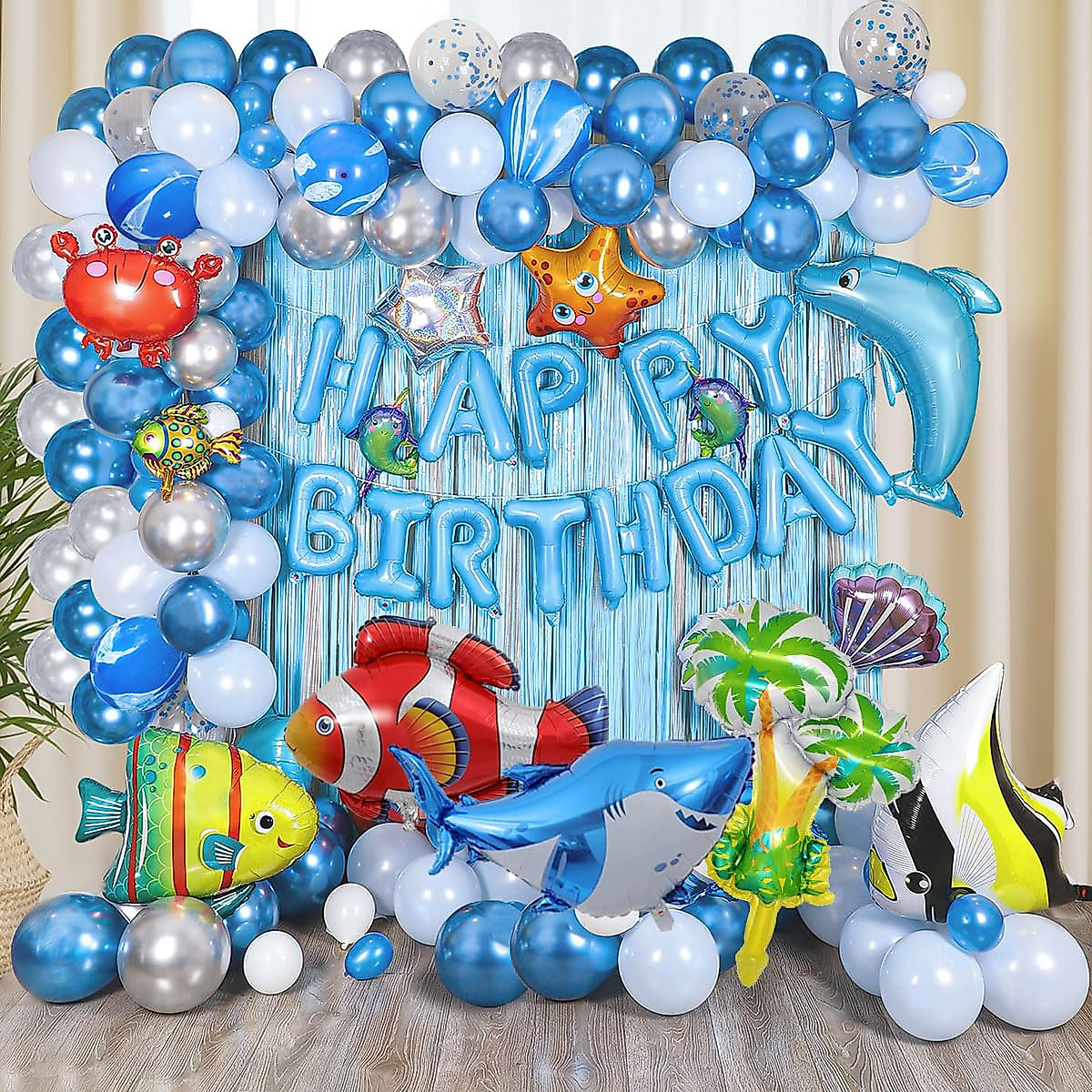 YinQin 176 PCS Ocean Blue Happy Birthday Party Balloons with Pump Under Sea Fish Birthday Balloons Decorations Baby Shark Happy Birthday Balloons Set Blue Sea Happy Birthday Party Supplies for Kid