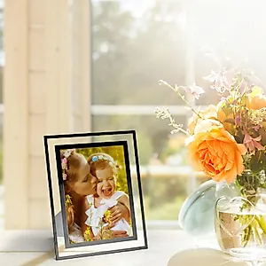 Serwrsw Glass Picture Frame for 5x7 inch Photo, 4 Pack Clear Frame with Black Stripe Decor, Vertical or Horizontal on Tabletop