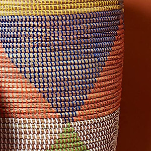 Senegal Extra Large Hand Woven Grass Colorful Triangle Basket with Hooded Lid