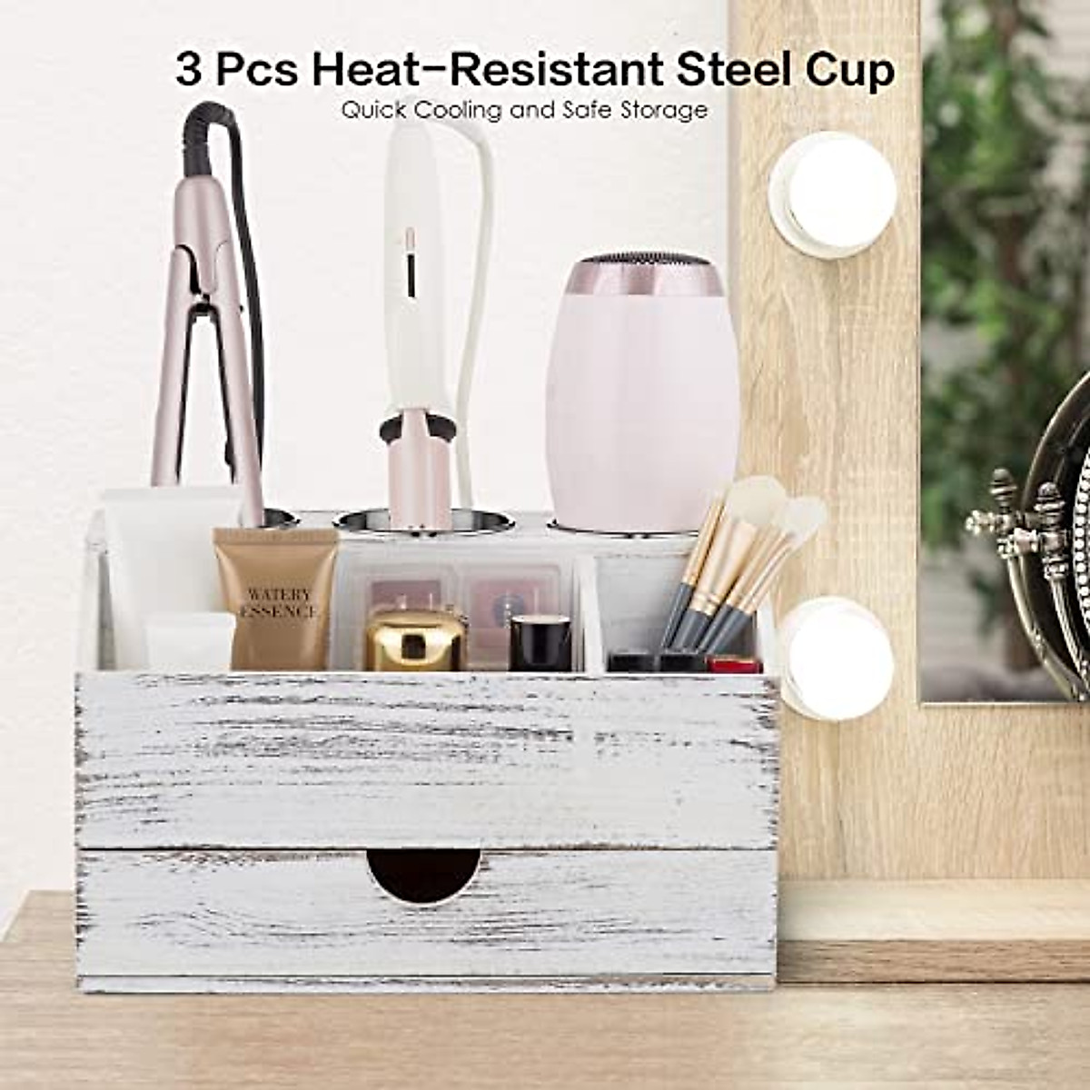 iToplin Wood Hair Dryer Holder, Hair Tool Organizer, Curling Iron Holder Hair Styling Tool Organizer for Bathroom Vanity Countertop Storage (Rustic White)