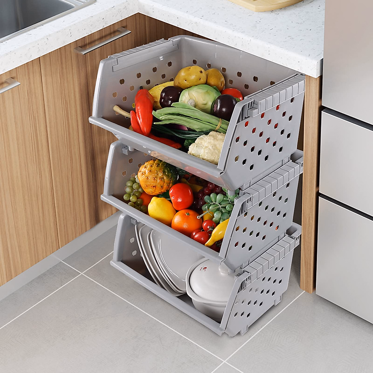 EudokkyNA 4 Pack Stackable Storage Basket, Large Stacking Baskets