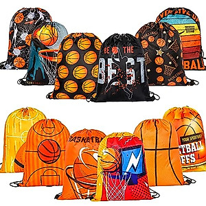 Whaline 12Pcs Large Basketball Drawstring Bag Sports Party Favor Candy Goodie Treat Bag Basketball Print Backpack Cinch Drawstring Gift Bag for Sports Basketball Theme Birthday Party Supplies 17x13In