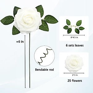 JOYLEX Artificial Flowers Realistic Roses, 25pcs Real Looking Fake Roses with Stem for DIY Wedding Bouquets Centerpieces Bridal Shower Party Home Romantic Decorations (Regular 3" - 25pcs, White)