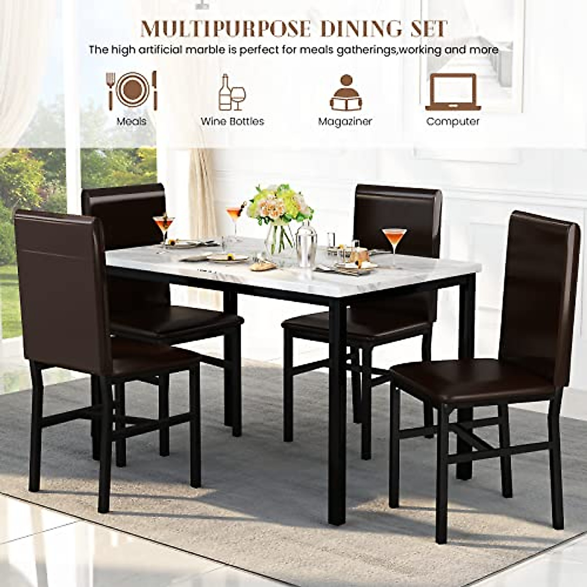 Lamerge Dining Table Set for 4,Faux Marble Table and 4 PU Leather Chairs,5 Pieces Kitchen Table and Chairs for 4,Modern Dining Room Table Sets for Small Spaces,Living Room, Breakfast Nook,White
