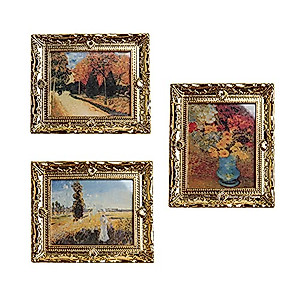 Acxico 3Pcs 1:12 Mini Miniature Gold Frame Art Wall Picture Oil Painting Home Decor