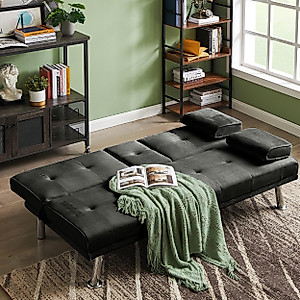 MWrouqfur 66" Modern Linen Fabric Sofa Bed Futon,Convertible Folding Sleeper Couch Bed with Cup Holders w/Removable Armrest,Loveseat Recliner Sofa for Living Room Apartment Office (Grey)