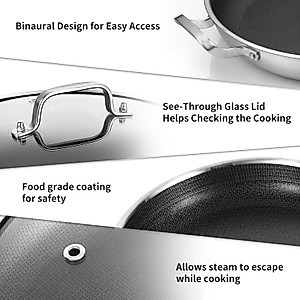 DELARLO Paella Pan 14 Inch Tri-Ply Stainless Steel Paella Pan with Lid Nonstick Frying Pan, Hybird Induction Large Skillets,Great for Paella Parties Indoors Outdoors,Heavy Duty Style