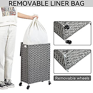 Chrislley 53L Slim Handwoven Rattan Laundry Hamper with Lid Rolling Laundry Basket with Removable Liner Bags Foldable Hampers with Wheels（Grey）