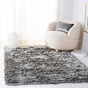 SAFAVIEH Paris Shag Collection Accent Rug - 3' x 5', Silver, Handmade Silken Glam, 2.5-inch Thick Ideal for High Traffic Areas in Entryway, Living Room, Bedroom (SG511-7575)