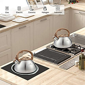 Teapot Whistling Tea Kettle with Wood Pattern Handle Loud Whistle,Food Grade Stainless Steel Tea Pot for Stovetops Water Kettle(Silver-RW)