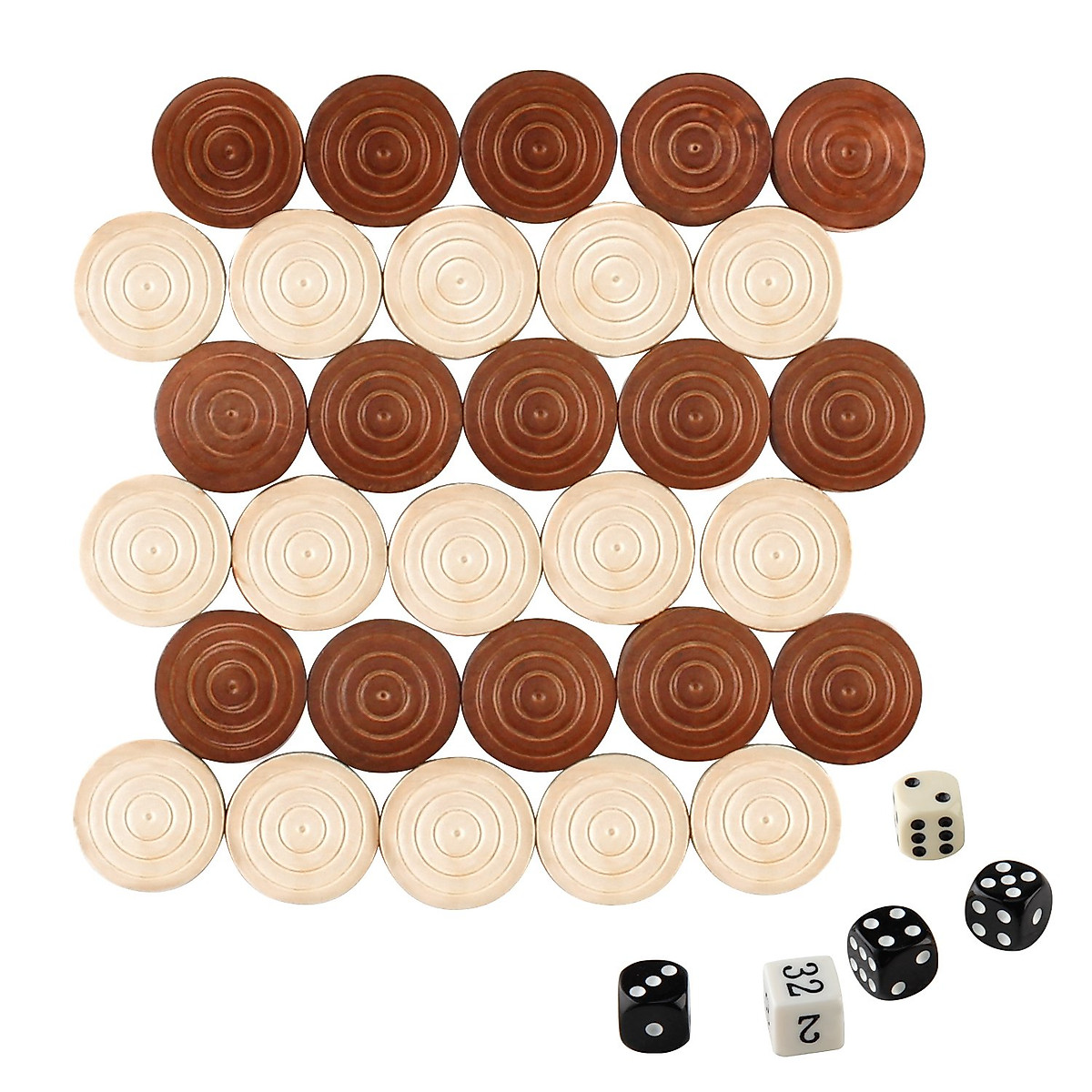 Amerous Thread Wooden Checkers Pieces Nature Wood Backgammon Pieces with Drawstring Bag, 5 Dices Included