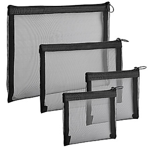 Glamlily Mesh Makeup Bag Set of 4, Travel Zipper Pouch for Cosmetics (Black, 3 Sizes)