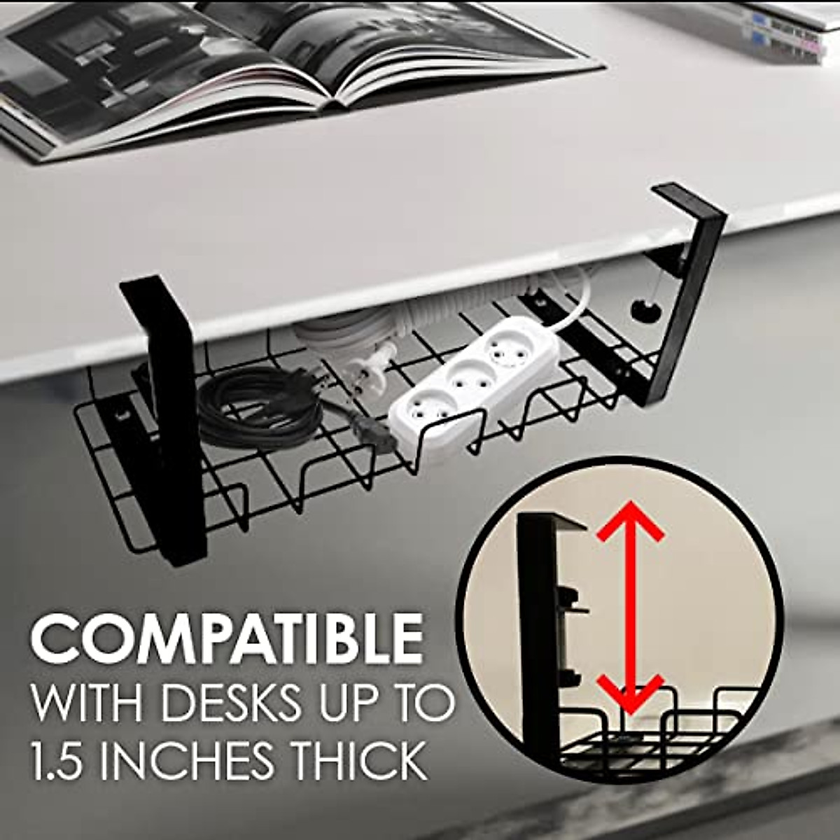 No Drill Under Desk Cable Management Tray 2 Pack, Under Desk Cord Organizer, Metal Wire Cable Holder for Desks and Offices, No Need to Drill Holes