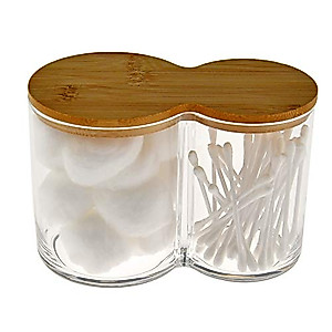 ARAD Cotton Ball, Swab, Q-tip Storage Set, 1-Piece, 2 Compartment, Clear Acrylic Jar Container with Bamboo Lid, Easy Organization on Bathroom Counters, Under-Sink Placement-6" L x 3.5" W x 4.5" H