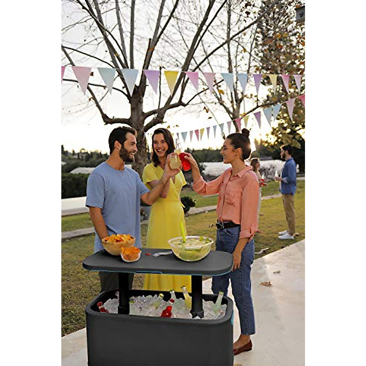 KETER Breeze Bar Outdoor Patio Furniture and Hot Tub Side Table with 14.8 Gallon Beer and Wine Cooler, Dark Grey & Teal