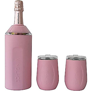 Vinglacé Wine Bottle Chiller Gift Set- Portable Stainless Steel Wine Cooler with 2 Stemless Wine Glasses, Rose