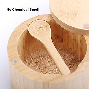 KITCHENDAO Bamboo Salt Cellar Bowl Box Container with Built-in Spoon to avoid Dust, Elegant Kitchen Salt Dish Holder Saver Jar with Swivel Magnetic Lid to Storage Pepper Spice Bath Salt Sea Salt, 6OZ