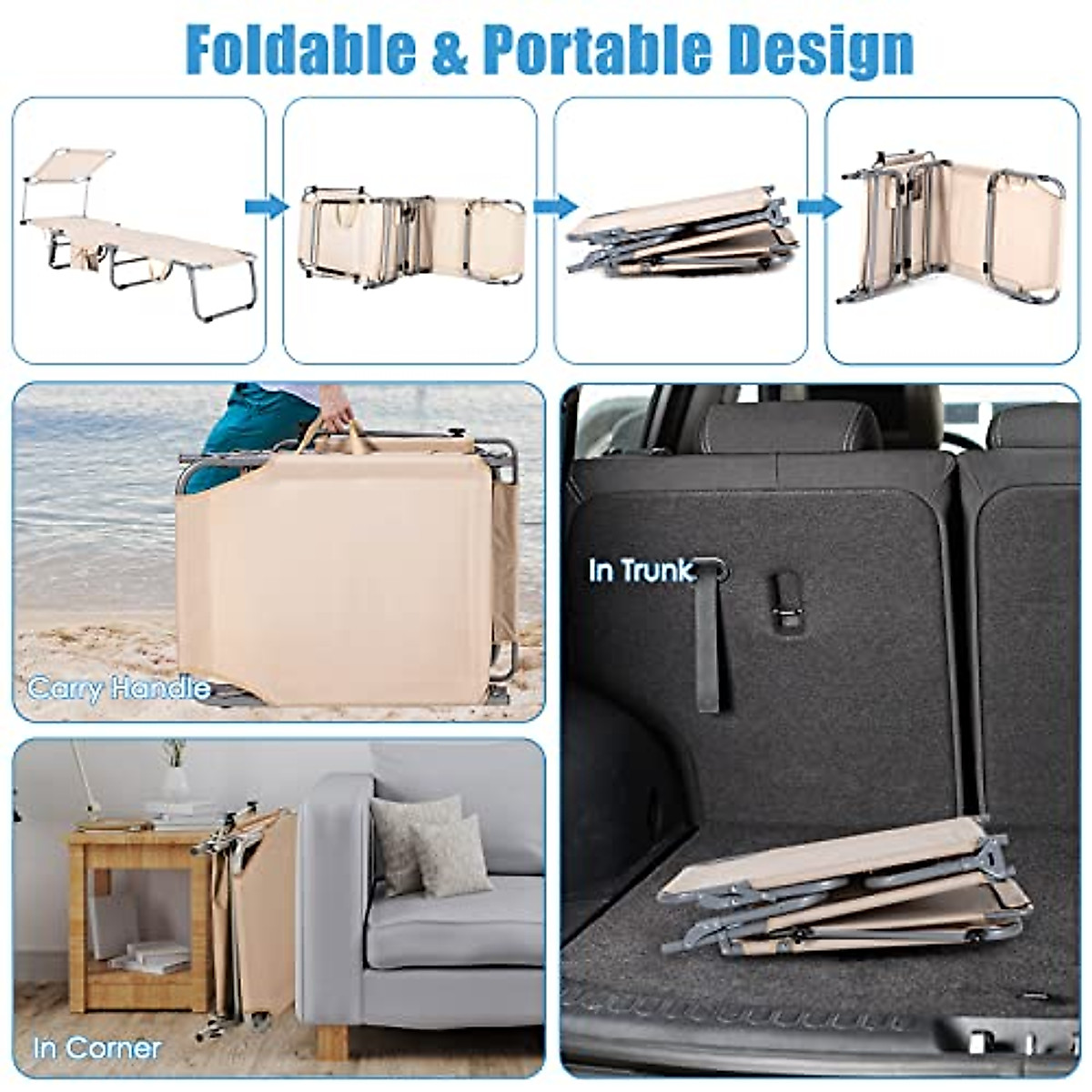 GYMAX Tanning Chair, Beach Lounge Chair with Canopy Sunshade, Carry Handle & Pocket, 5 Level Adjustable Layout Chaise Lounge for Outside, Folding Sunbath Chair for Outdoor, Patio, Poolside (1, Sand)