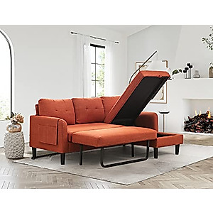 Modern Pull Out Sleeper Sofa Bed with Chaise, Comfy L Shaped Convertible Sleeper Couch with Storage and Pocket, Sectional 3 Seat Couch for Living Room Furniture or Home Office, Tufted Back - Orange