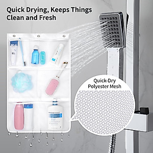 F-color Shower Organizer for Cruise Ship Essentials - with 3 Adhesive Hooks and 3 Metal Loop Hangers, Quick Dry Mesh Shower Caddy Hanging, 7 Pockets Bathroom Bag Tote for Shampoo, Soap, White