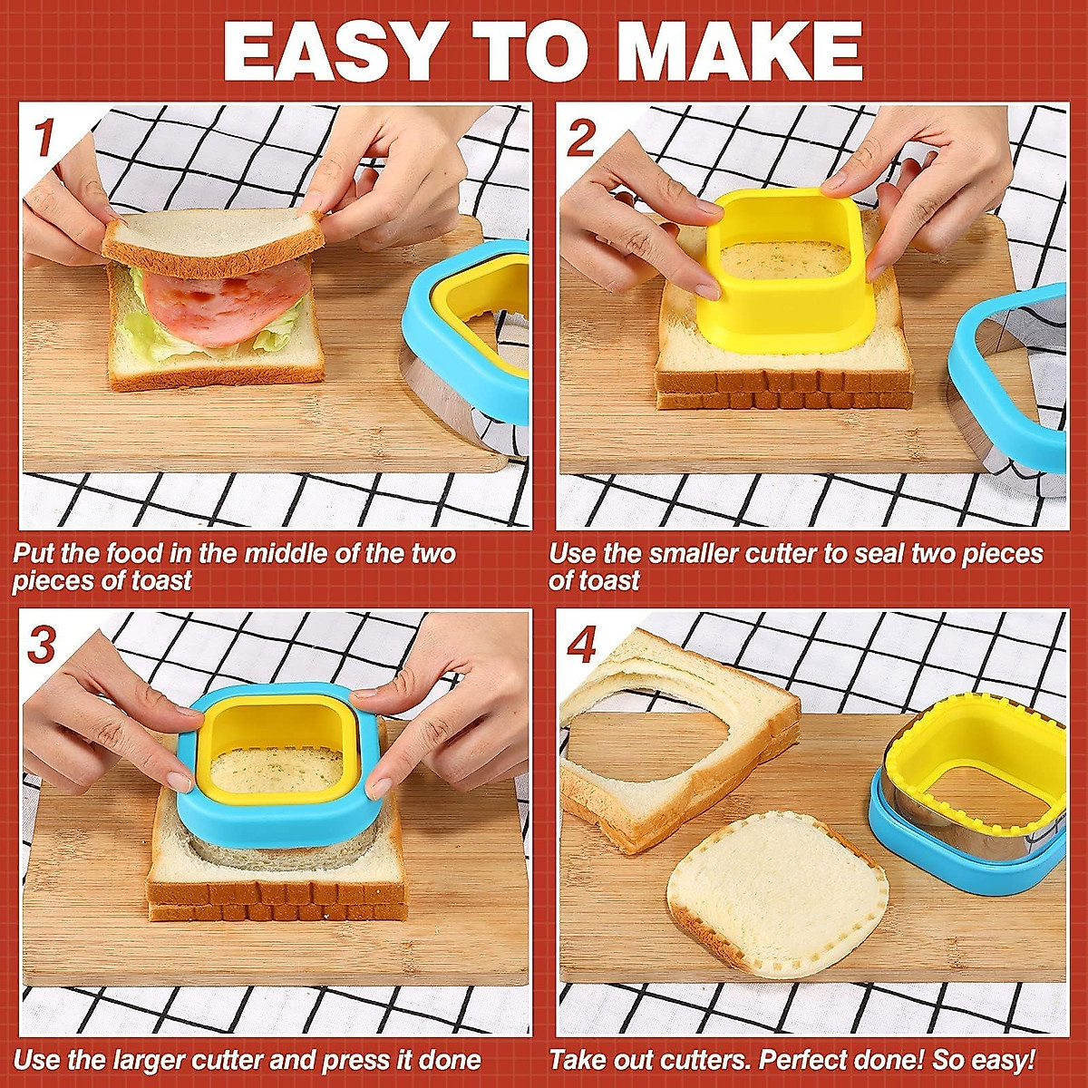 HINZER Sandwich Cutter and Sealer Set Uncrustables Maker 4 Pcs Bread Decruster Sandwich Cutter Pancake Maker Heart Square Circle Dinosaur Shape DIY Cookie Cutters Gift for Kids Adult Boys Girls