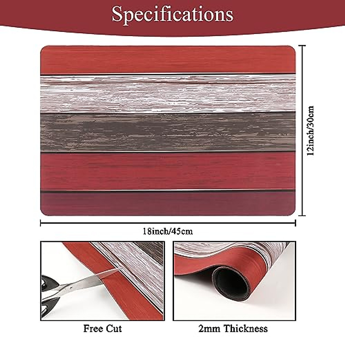 U'Artlines Retro Rustic Wood Texture Placemats Set of 6,Stain Resistant Waterproof Table Mats Trivets for Hot Dishes Washable Rubber Heat Resistant Placemat for Kitchen Dining Table Decoration,Red