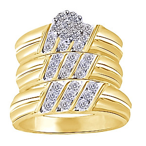 Jewel Zone US 3/4 Ct White Natural Diamond Engagement and Wedding Trio Band Ring Set in14k Yellow Gold OverSterling Silver (0.75 Cttw)