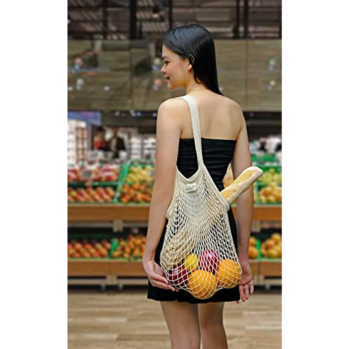 Reusable Grocery Net Bags, Cotton Mesh Tote, Farmer's Market Bags for Fruits and Vegetables, String Shopping Organizer, Storage Bag with Long Handles, 2 Packs (Beige, Gray)
