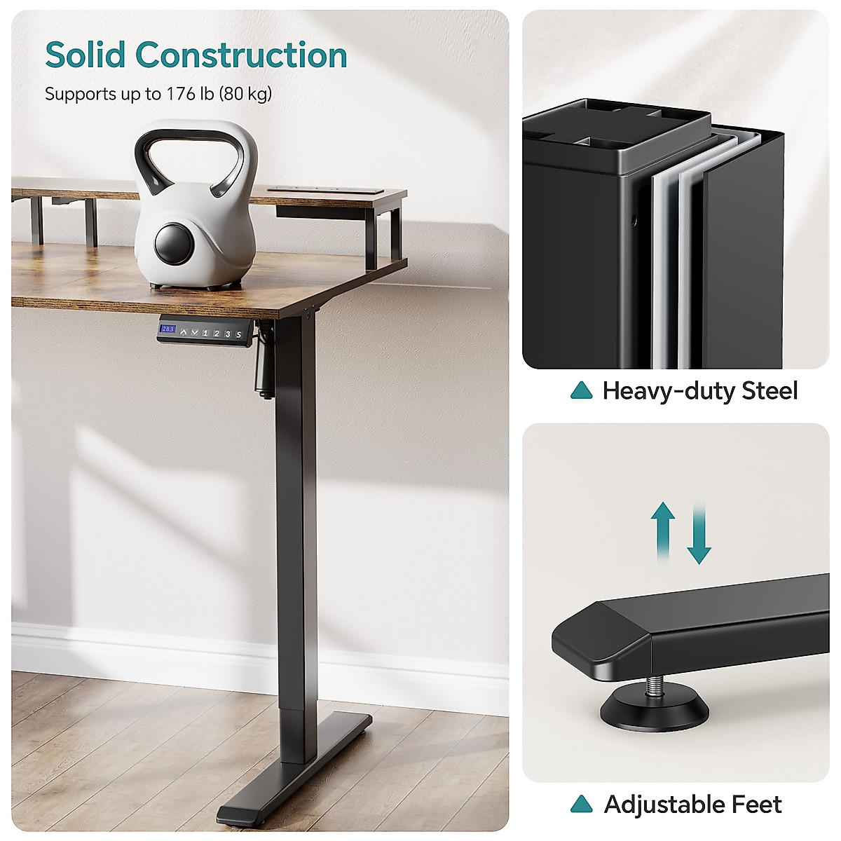 Mr IRONSTONE Electric Standing Desk with Monitor Shelf, 47" x 27" Height Adjustable Desk with 3 AC Outlets & 2 USB Ports, Sit Stand Up Desk Home Office Computer Desk (Rustic Brown)