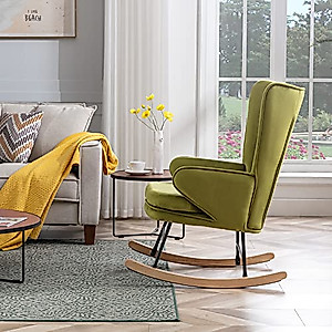 ZHENGHAO Velvet Rocking Chair, Upholstered Glider Nursery Rocker Chair with High Back, Mid Century Modern Lounge Arm Chair Comfy Side Chair for Living Room/Bedroom, Green