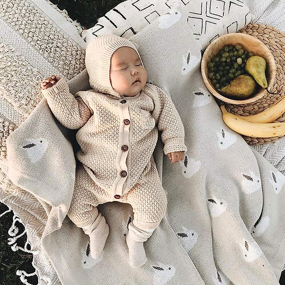 mimixiong Cotton Baby Romper Newborn Baby Knitted Clothes Longsleeve Sweater Outfit for Boy and Girls with Warm Hat Set Camel